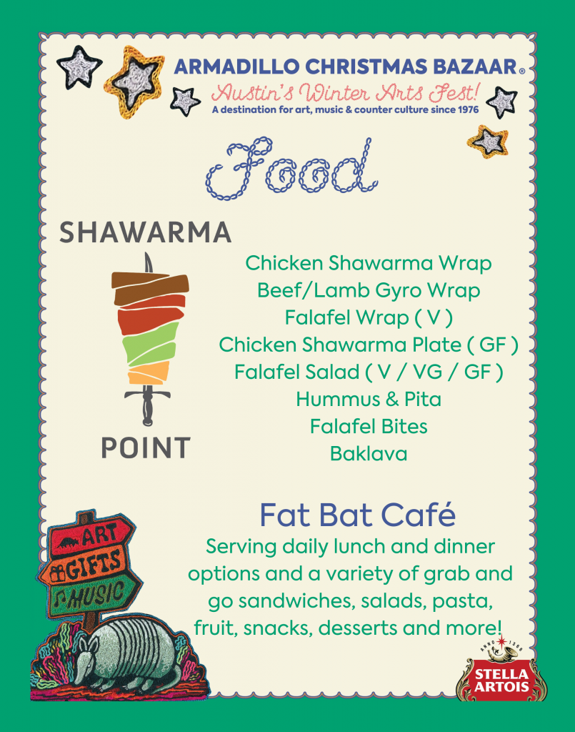2024 Map, Food + Drinks – Armadillo Christmas Bazaar